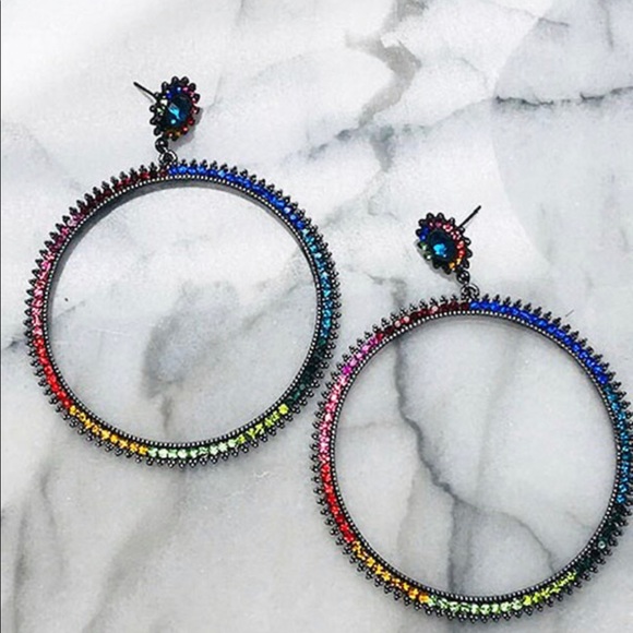 Jewelry | Multi Colored Crystal Large Hoopsnwt | Poshmark